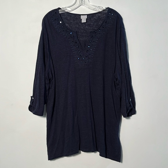 Chico's | Tops | Chicos 0 Linen Sequin Embellished Split V Tab 34 Slv ...